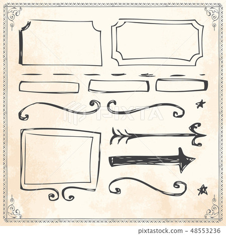 Hand drawn line border frame design elements set - Stock Illustration ...