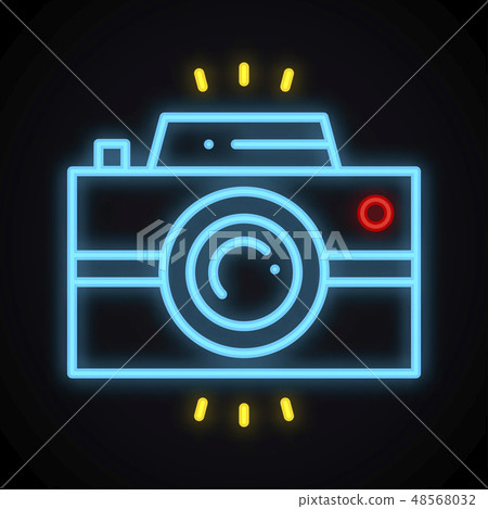 Neon camera sign. Bright photo camera symbol. - Stock Illustration ...