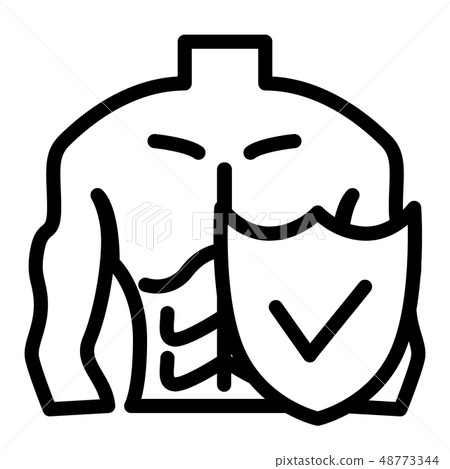Muscle man and shield line icon. Male body... - Stock Illustration ...