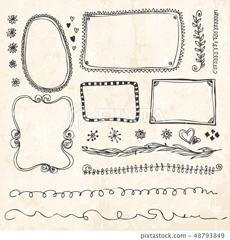 Hand drawn doodle line border frame elements set - Stock Illustration ...