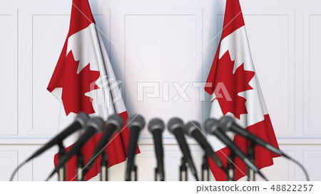 Canadian official press conference. Flags of... - Stock Illustration ...