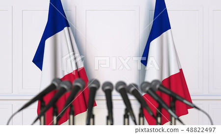 French official press conference. Flags of... - Stock Illustration ...