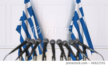 Greek official press conference. Flags of... - Stock Illustration ...