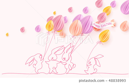 Happy Easter card. Cute rabbit with air balloons - Stock Illustration ...