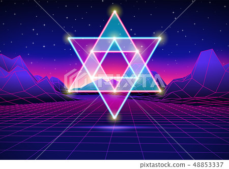 Retro futuristic landscape with neon hex star... - Stock Illustration ...