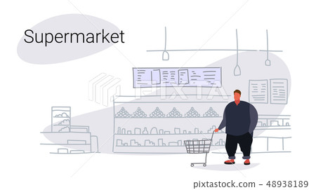 fat overweight man pushing trolley cart buying...-插圖素材 [48938189] - PIXTA圖庫