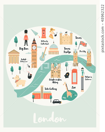 Illustrated map of London with landmarks, symbols - Stock Illustration ...