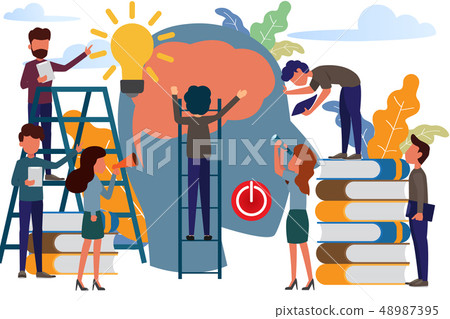 Knowledge concept. big head and brain has people - Stock Illustration ...