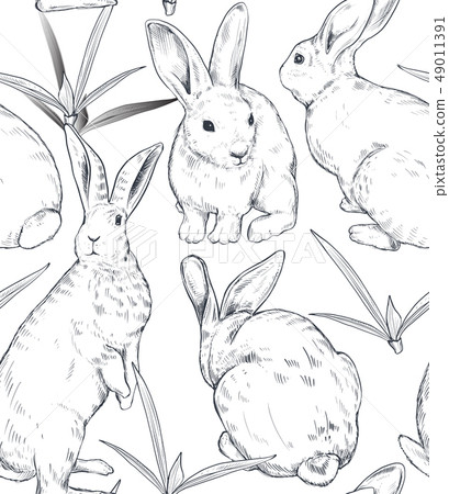 Vector seamless pattern with hand drawn rabbits. - Stock Illustration ...