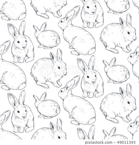Vector seamless pattern with hand drawn rabbits. - Stock Illustration ...