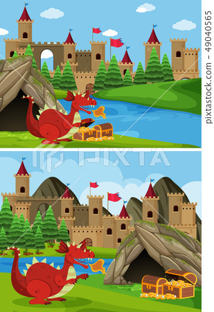 Two scenes with red dragon guarding treasure - Stock Illustration ...