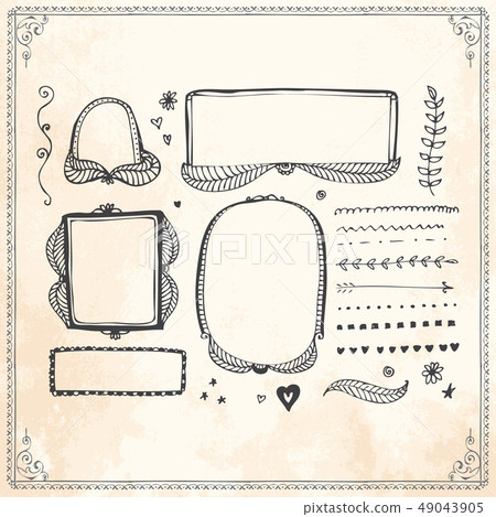 Hand drawn doodle line border frame elements set - Stock Illustration ...