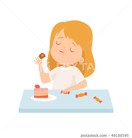 Cute Little Girl Eating Cake and Sweets Vector... - Stock Illustration ...