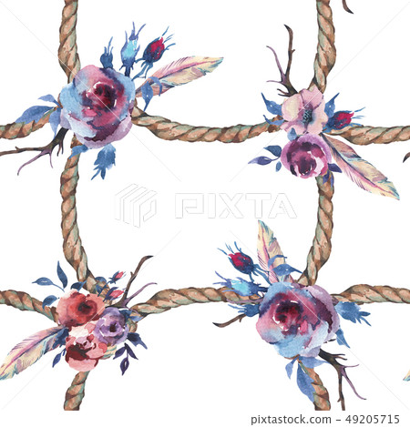 Watercolor floral rustic rope seamless pattern... - Stock Illustration ...