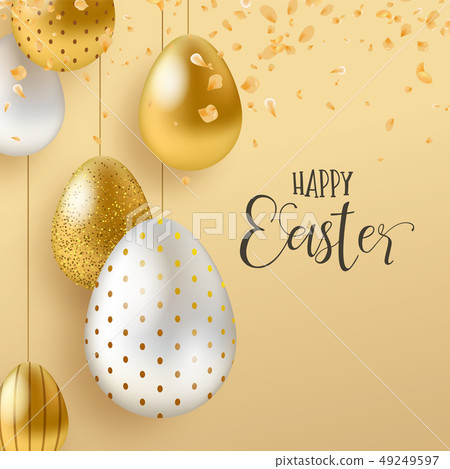 Gold Easter eggs and spring flower greeting card - Stock Illustration ...