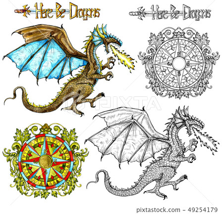 Design set with fantasy dragon snorting fire - Stock Illustration ...