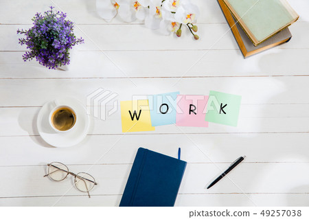 WORK. Message at colorful note papers on a desk... - Stock Illustration ...