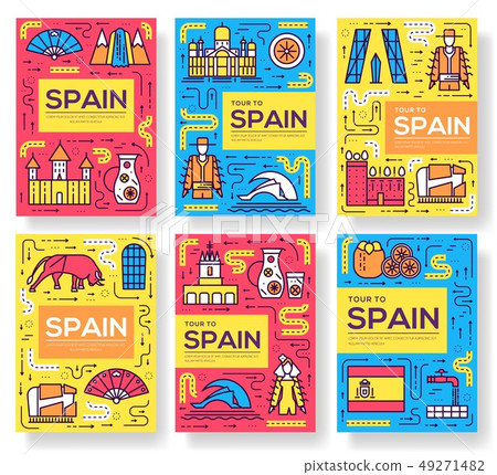 Spain vector brochure cards thin line set.... - Stock Illustration ...