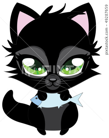 Cute black cat and fish - Stock Illustration [49287659] - PIXTA