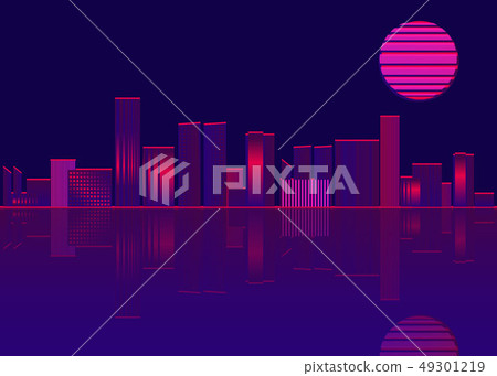 Neon city with moon, stars and ocean, vector - Stock Illustration ...