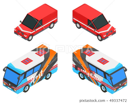 red isometric car and sports bus bright stock... - Stock Illustration ...