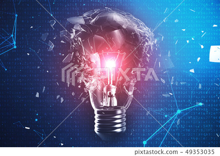 3D Illustration Exploding light bulb on a blue... - Stock Illustration ...