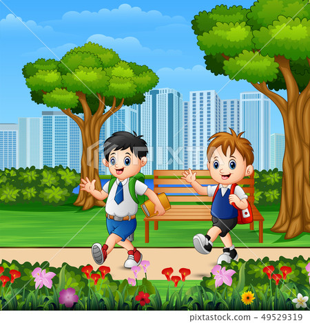 Two boys go to school through the park road - Stock Illustration ...