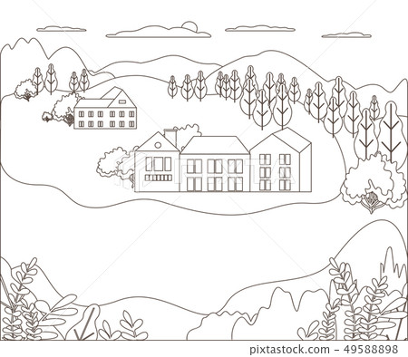 Thin line outline landscape rural farm. Panorama - Stock Illustration ...