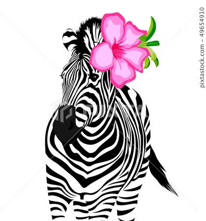 Zebra with pink flower. Wild animal texture. - Stock Illustration ...