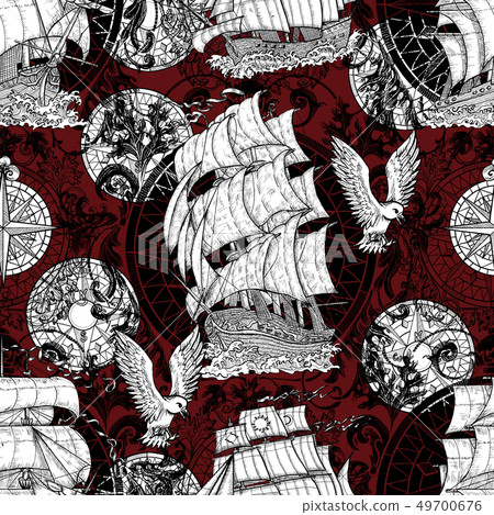 Seamless pattern with old sailing ship - Stock Illustration [49700676 ...