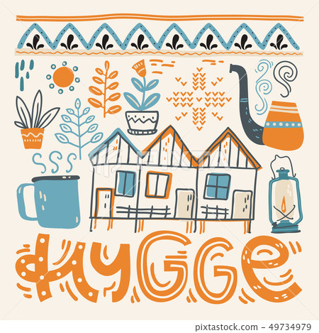 Hygge. Hand lettering with design elements in... - Stock Illustration ...