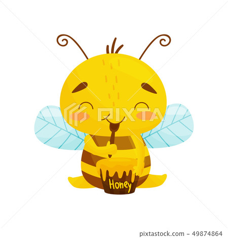 Humanized bee sits eating honey. Cartoon style.... - Stock Illustration ...