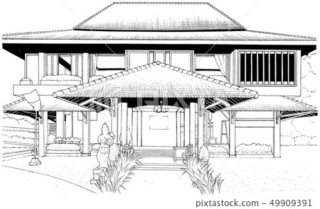 Manga style pen drawing illustration resort hotel - Stock Illustration ...