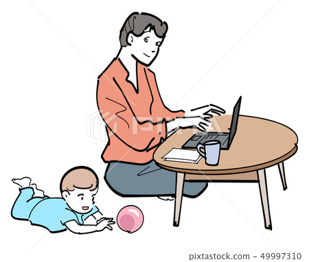 PC while taking care of child - Stock Illustration [49997310] - PIXTA