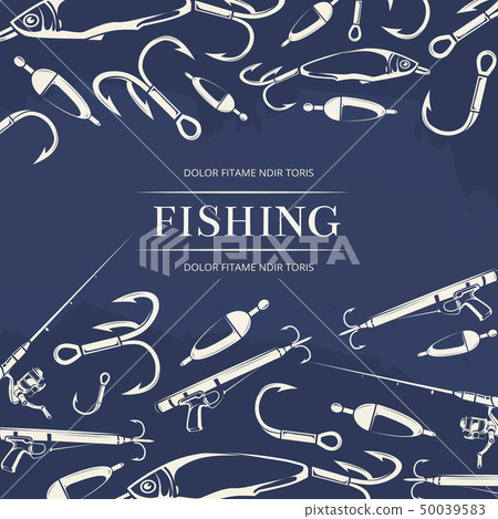 Fishing poster with hook, fishing rod - Stock Illustration [50039583 ...