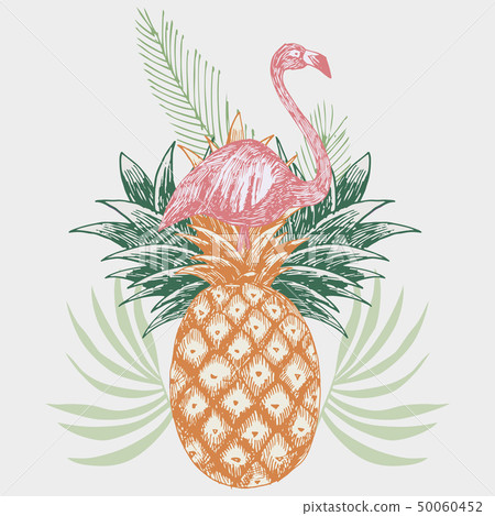 flamingo on pineapple tropical print - Stock Illustration [50060452 ...