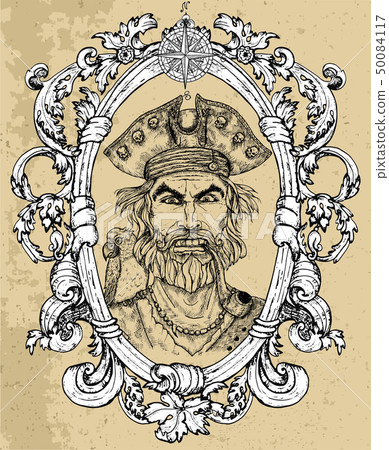 Angry pirate sea captain with pipe in frame - Stock Illustration ...