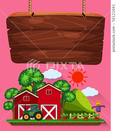 Wooden sign with farm scene in background - Stock Illustration ...