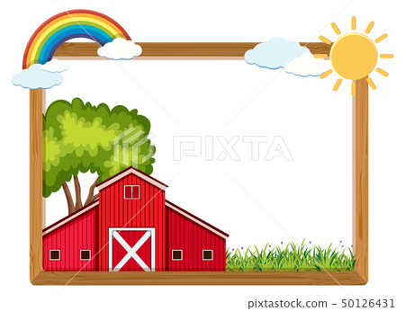 Wooden frame with red barn and rainbow - Stock Illustration [50126431 ...
