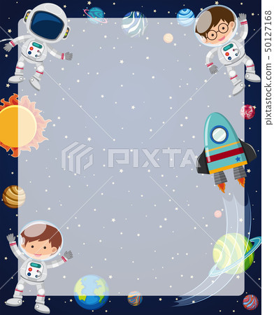 Border template with astronauts flying in sky - Stock Illustration ...