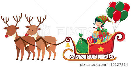 Elf riding on sledge with two reindeers - Stock Illustration [50127214 ...