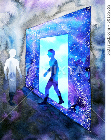 abstract art human walking through blue window - Stock Illustration ...