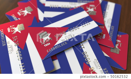 Pile of credit cards with flag of Cuba. Cuban... - Stock Illustration ...