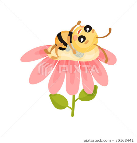 Cartoon humanized bee lies on a flower. Vector... - Stock Illustration ...