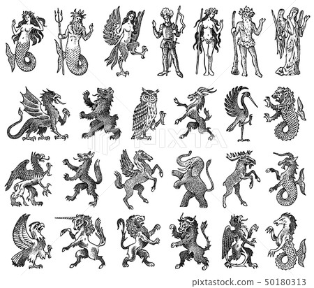 Animals for Heraldry in vintage style. Engraved... - Stock Illustration ...