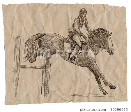 Show Jumping, hand drawn illustration. Line art-插圖素材 [50296955] - PIXTA圖庫
