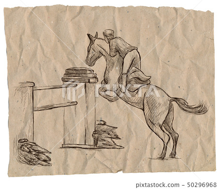 Show Jumping, hand drawn illustration. Line art - Stock Illustration ...
