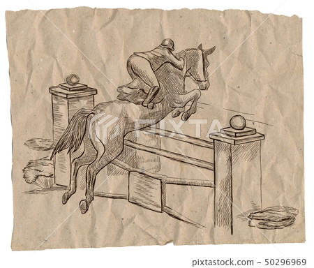 Show Jumping, hand drawn illustration. Line art - Stock Illustration ...
