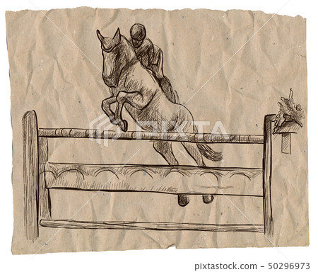 Show Jumping, hand drawn illustration. Line art - Stock Illustration ...