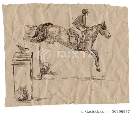 Show Jumping, hand drawn illustration. Line art - Stock Illustration ...